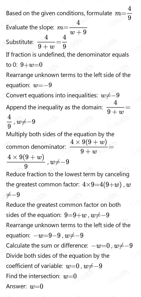 solved a line has a slope of 4 9 and includes the points 9 9 and w 5 what is the value