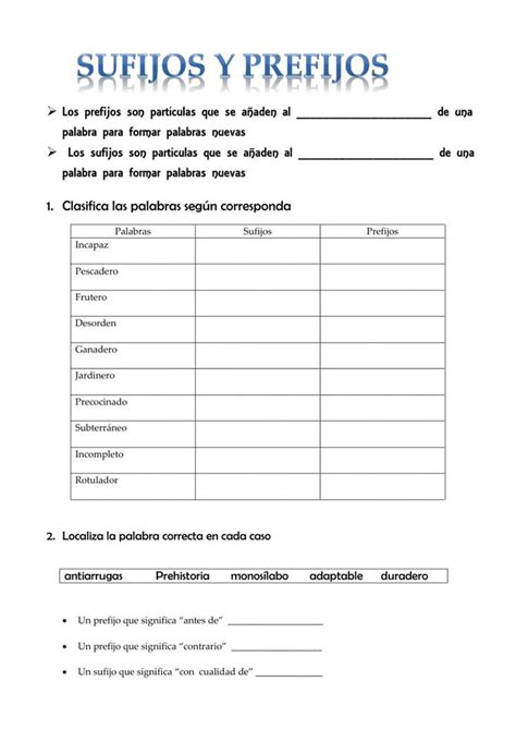 Ejercicio De Prefijos Y Sufijos Intensivos Demostrativos Y Posesivos