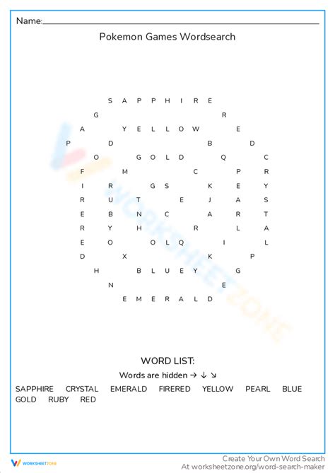 Pokemon Games Wordsearch Worksheet