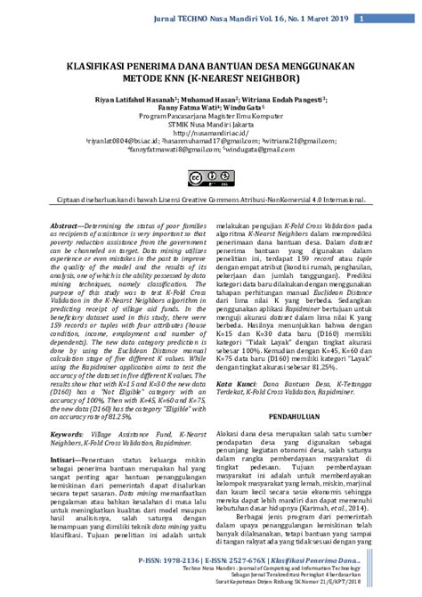 pdf klasifikasi penerima dana bantuan desa menggunakan metode knn k nearest neighbor riyan