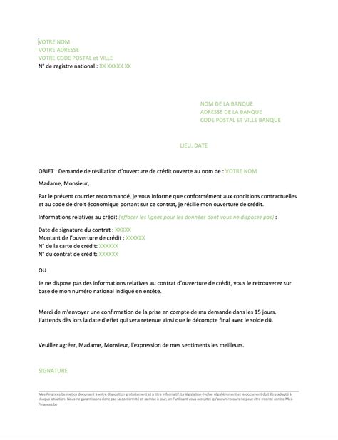 Résilier un crédit Modèle de lettre de résiliation