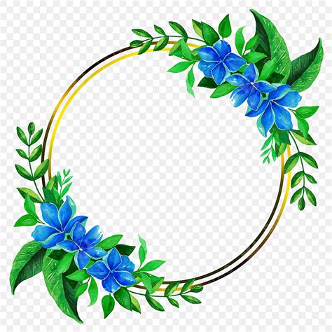 Moldura De Ouro Círculo Mão Azul Pintado Lírio Flores E Folhas PNG