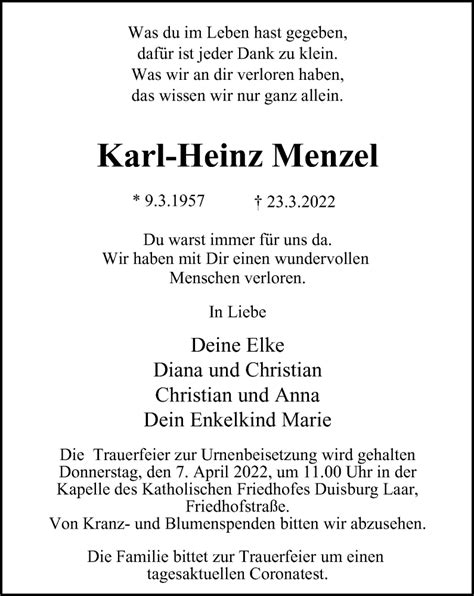 Traueranzeigen Von Karl Heinz Menzel Trauer In NRW De