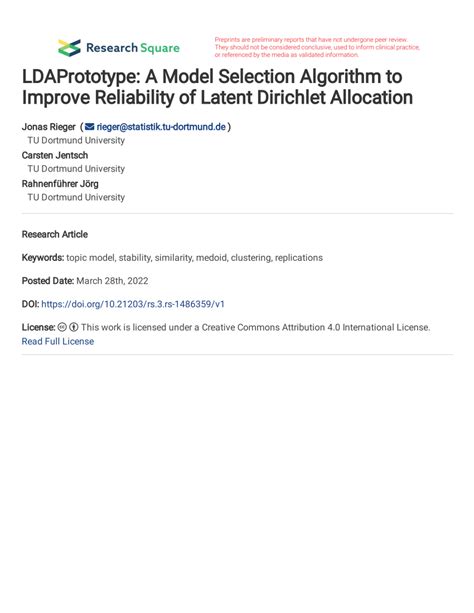 pdf ldaprototype a model selection algorithm to improve reliability of latent dirichlet