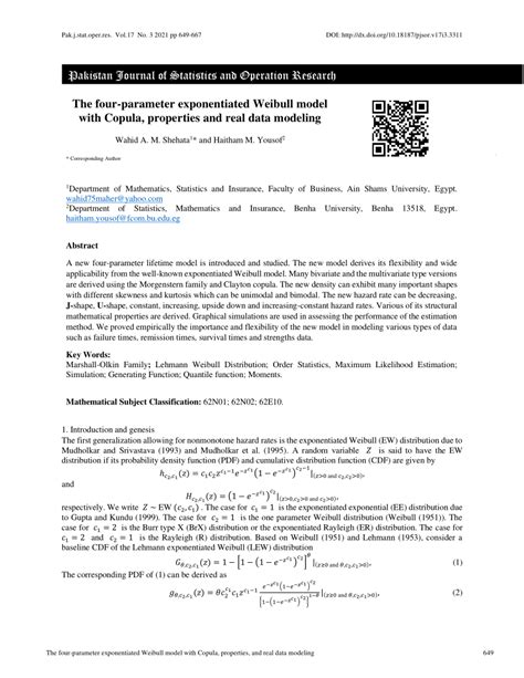 pdf the four parameter exponentiated weibull model with copula properties and real data modeling