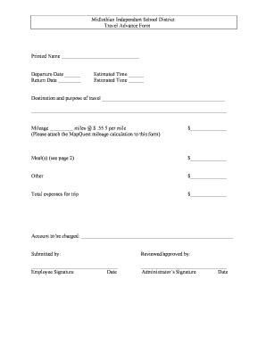 Fillable Online Midlothian Isd Travel Advance Form Pdf Midlothian Isd