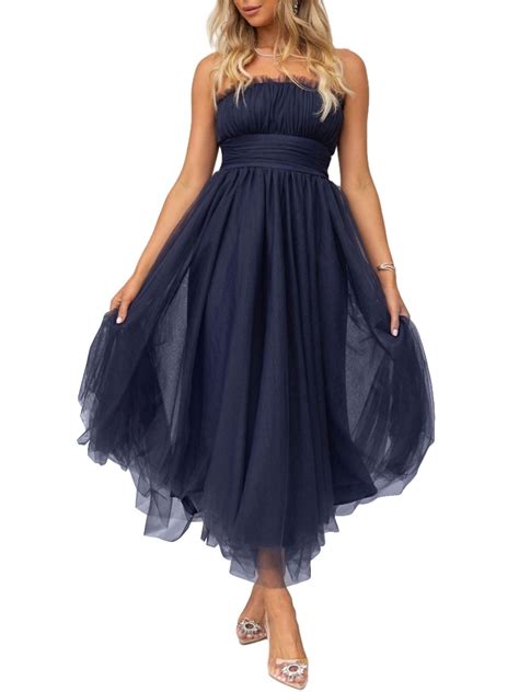 Caitzr Tulle Prom Dresses For Women Long Strapless Ball Gown Puffy