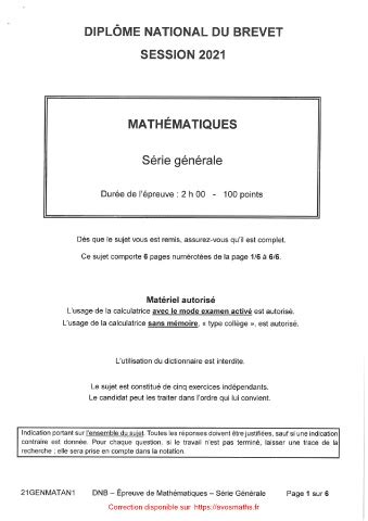 Page 1 Exercices de maths de brevet en 3ème sujet Amérique du nord 2021