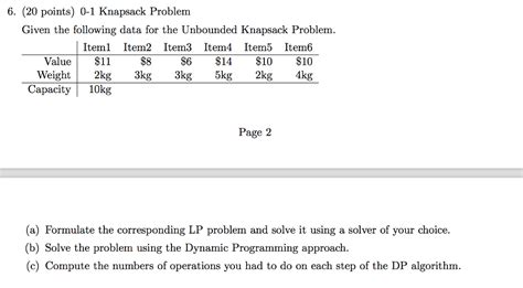 solved 6 20 points 0 1 knapsack problem given the foll
