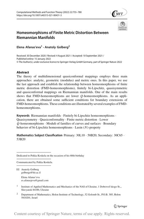 homeomorphisms of finite metric distortion between riemannian manifolds request pdf