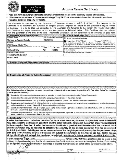 Fillable Online Fillable Form A Arizona Resale Certificate Fax