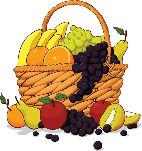 Paquete de frutas frescas en la cesta de madera dibujo de ilustración