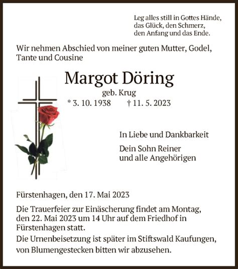 Traueranzeigen von Margot Döring Trauer HNA de