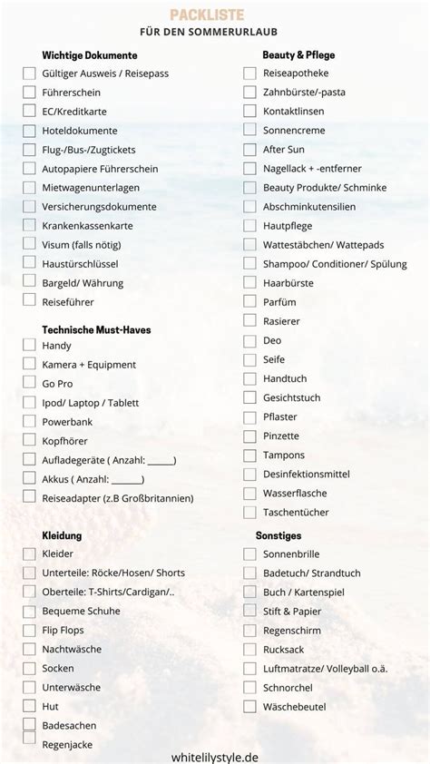 Packliste für den Sommerurlaub zum ausdrucken und ankreuzen