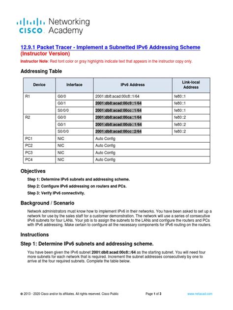 12 9 2 packet tracer implement a subnetted ipv6 addressing scheme pdf i pv6 network
