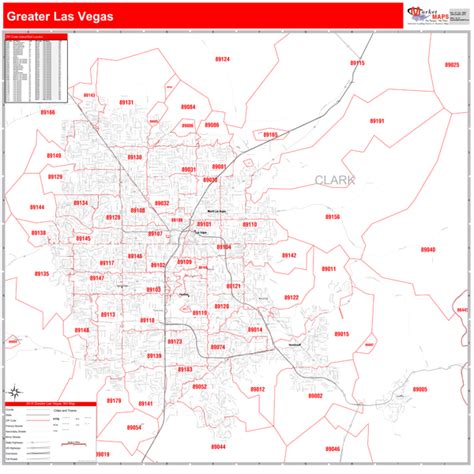 Greater Las Vegas Nevada Zip Code Wall Map Red Line Style By