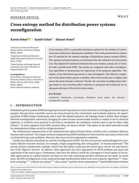 pdf cross‐entropy method for distribution power systems reconfiguration