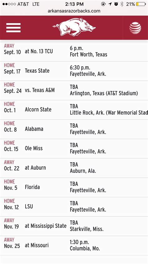 Printable Razorback Football Schedule