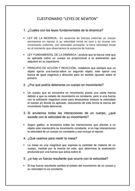 Cuestionario De Las Leyes De Newton Cuestionario Leyes De Newton