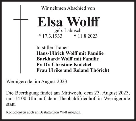 Traueranzeigen Von Elsa Wolff Abschied Nehmen De