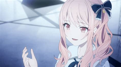 An Anime Girl With Long Pink Hair Holding Her Hand Up In Front Of The Camera