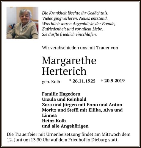 Traueranzeigen Von Margarethe Herterich Trauer Op Online De
