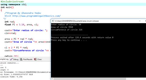 c program to find area and circumference of circle