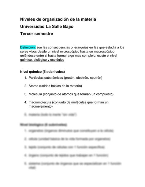 Solution Niveles De Organizacion De La Materia Studypool