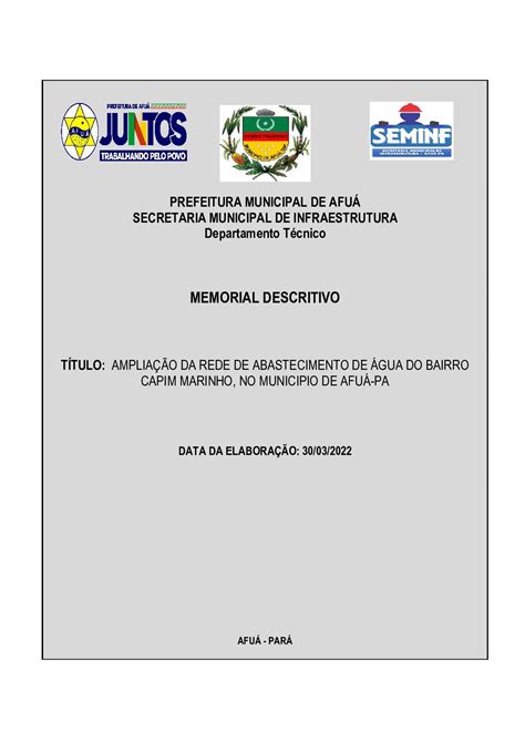 4 MEMORIAL DESCRITIVO ÁGUA 2022 Prefeitura Municipal de Afuá PA