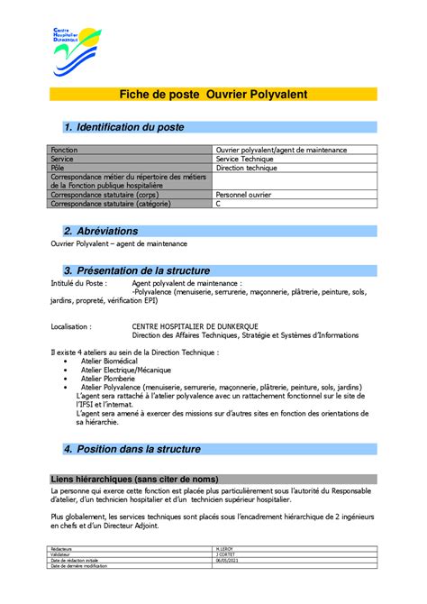 Fiche De Poste Agent Polyvalent Maintenance Lectures Arts Docsity