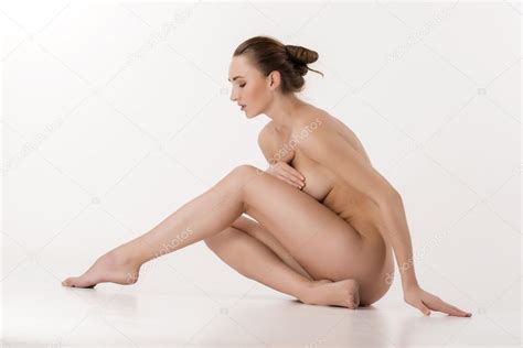Beautiful Caucasian Naked Woman Sitting With Fresh Clean Skin Stock