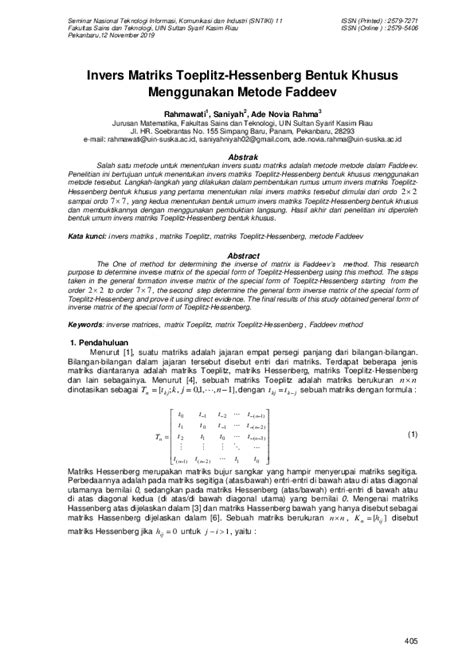 pdf invers matriks toeplitz hessenberg bentuk khusus menggunakan metode faddeev jihat