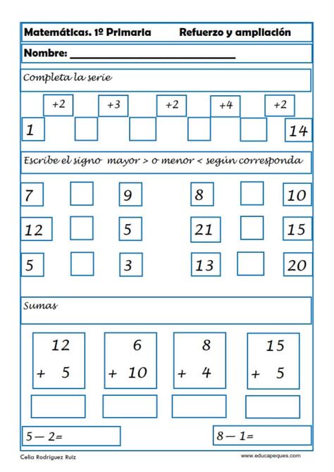 Fichas Matem Ticas Primero De Primaria Refuerzo Y Ampliaci N