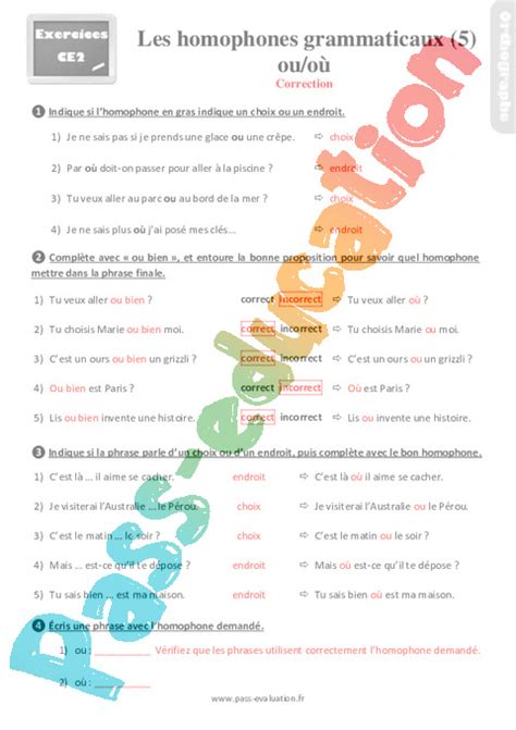 Bilan sur les homophones grammaticaux ou où au Ce2 Evaluation avec