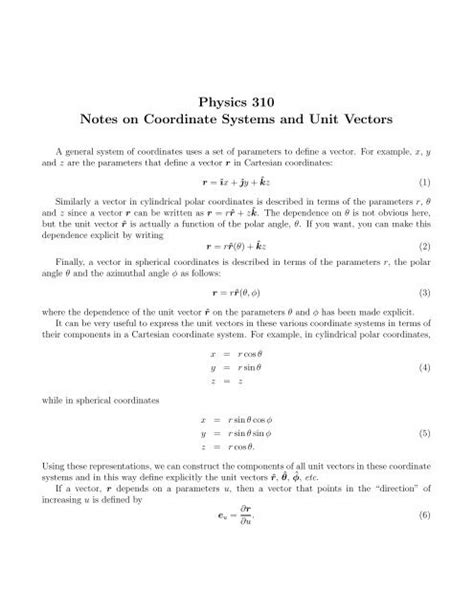 physics 310 notes on coordinate systems and unit vectors