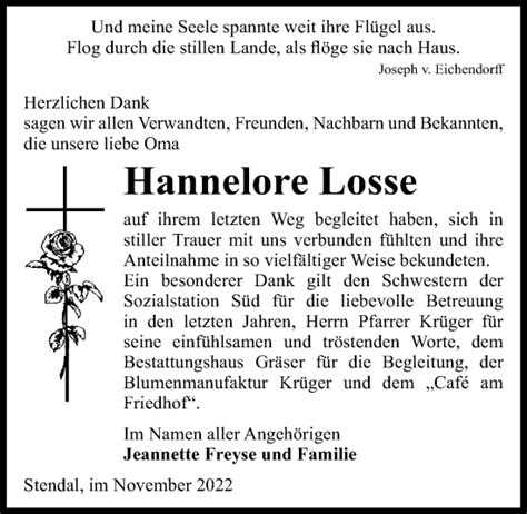 Traueranzeigen Von Hannelore Losse Trauer Anzeigen De
