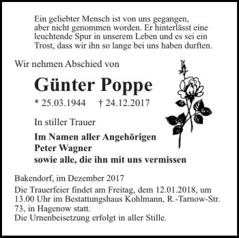 Traueranzeigen von Günter Poppe Trauer Nordkurier