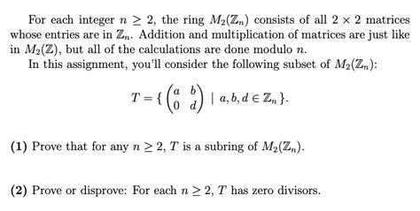 solved for each integer n≥2 the ring m2 zn consists of all