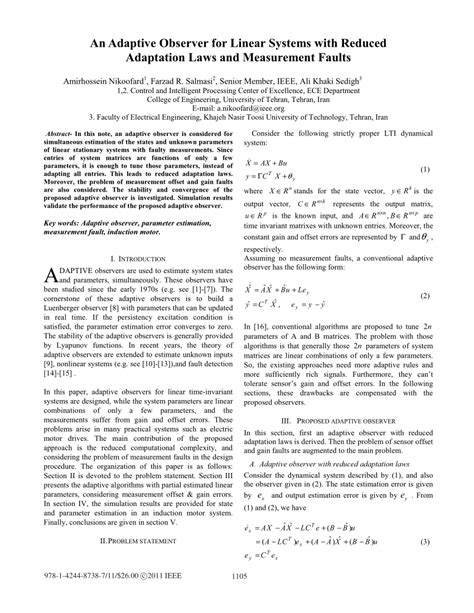 pdf an adaptive observer for linear systems with reduced adaptation laws and measurement faults