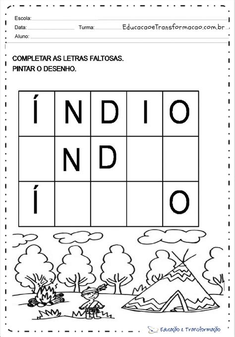 Atividades Dia do Índio para Ensino Fundamental Complete as letras