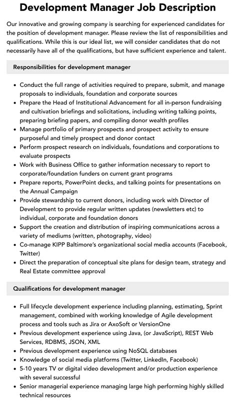Development Manager Job Description Velvet Jobs