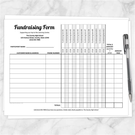 Printable Fundraising Form Order Tracking Page Item Columns With