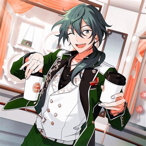 An Anime Character With Blue Hair Holding A Cup