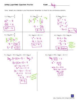Solving Logarithmic Equations Practice Worksheets With Answers Algebra 2