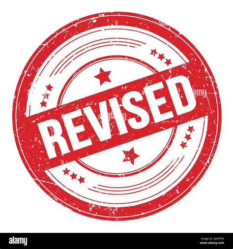 REVISED Text On Red Round Grungy Texture Stamp Stock Photo Alamy