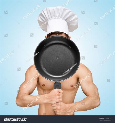 Naked Restaurant Chef Hiding Behind Frying Stock Photo 191434751