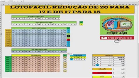 Planilha Lotofacil REDUÇÃO 20 dezenas para 17 dezenas e pra 15 dezenas