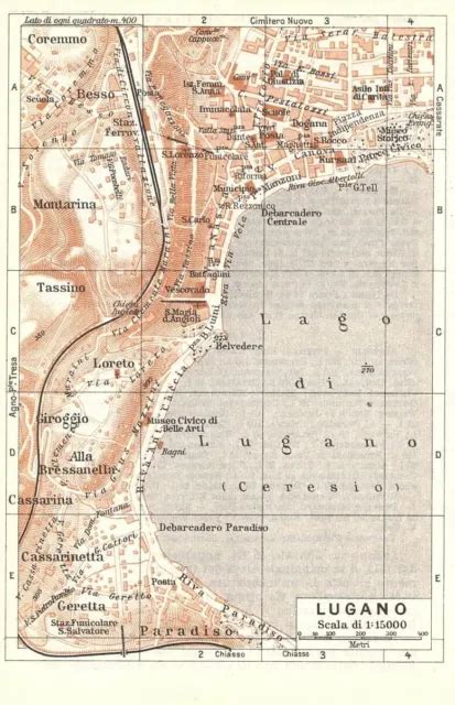 CARTA GEOGRAFICA ANTICA LUGANO pianta della città Ticino TCI 1937