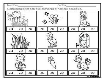 Sílabas con la letra z Hojas de trabajo by Mrs G Dual Language