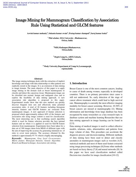 pdf image mining for mammogram classification by association rule using statistical and glcm